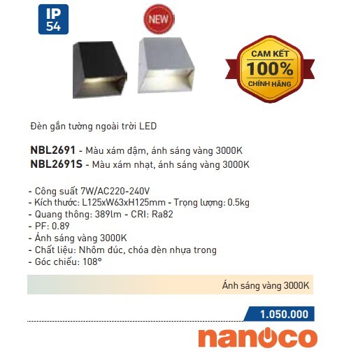 Đèn LED gắn tường ngoài trời 7W, màu xám nhạt, ánh sáng vàng, Nanoco ...